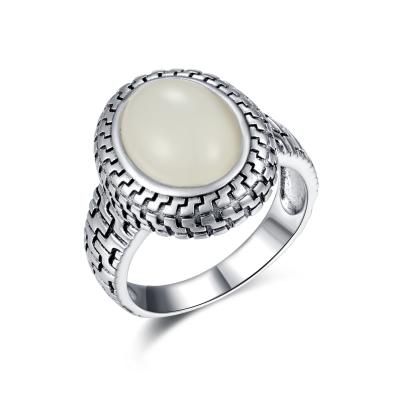 China Yujinfu 925 Silver White Jade Ring 9x12mm Oval Carved Band with Rhodium Plating and Custom Logo Option for sale