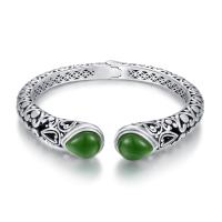 China 925 Sterling Silver Bangle with 10x12mm Green Jade Stones - 25.7g Open Design Gemstone Jewelry for sale