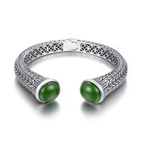 China 925 Sterling Silver Green Jade Bangle 12x14mm Oval Gemstone with Multiple Plating Options - 31.58g Weight for sale