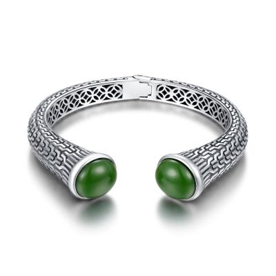 China 925 Sterling Silver Green Jade Bangle 12x14mm Oval Gemstone with Multiple Plating Options - 31.58g Weight for sale