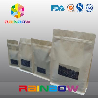China Block Bottom Craft Paper Coffee Bean Packaging Pouch With Zipper And Clear Winow for sale