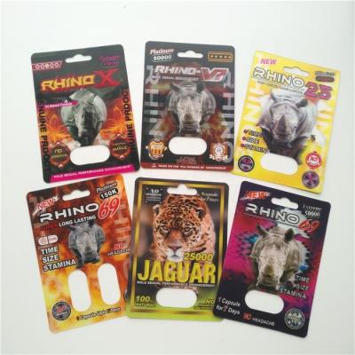 China Sexual Enhancement Pills Packaging Rhino Max 150K 3D Blister Cards With Paper Box For Powder Sex Capsule for sale
