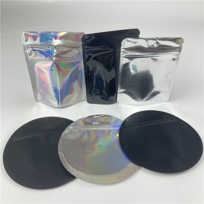 China 3.5g Hologram Shaped Round Mylar Bags Custom Printed Circle Zipper Packaging for sale
