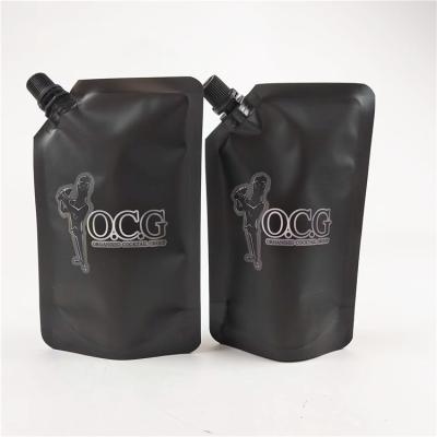 China Squeeze Liquid Stand Up Spout Pouch Bag Black Matte Print Label Juice for sale