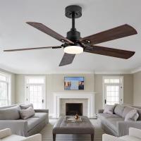China 52 Inch Modern Black Ceiling Fan 5 Deep Walnut Blades Quiet Reversible DC Motor LED Ceiling Fan with Light Large Ceiling Fan for sale