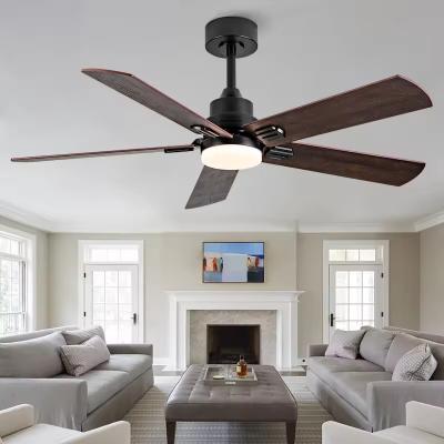 China 52 Inch Modern Black Ceiling Fan 5 Deep Walnut Blades Quiet Reversible DC Motor LED Ceiling Fan with Light Large Ceiling Fan for sale