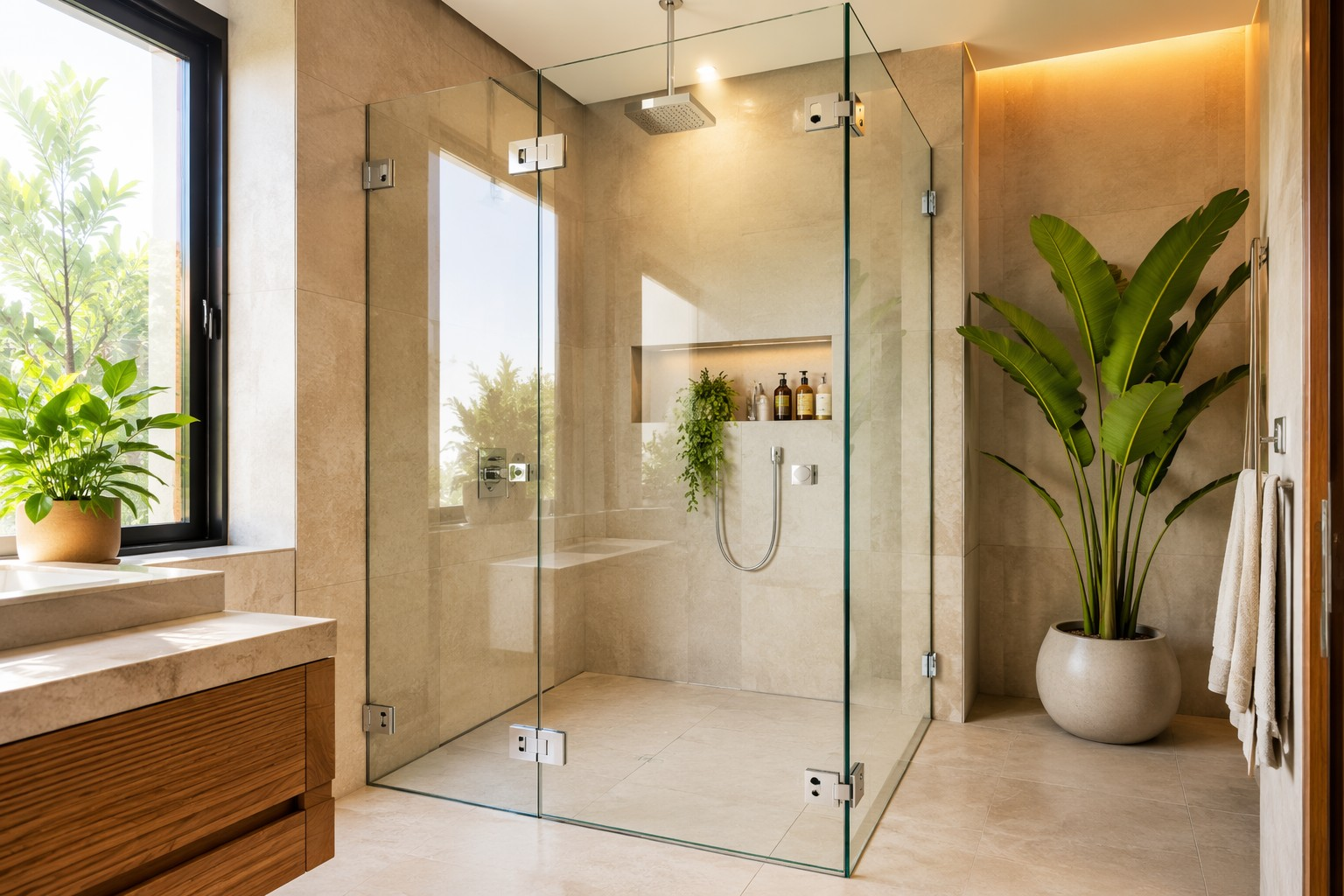 Modern Brazilian bathroom with frameless shower enclosure and stainless steel glass clamps