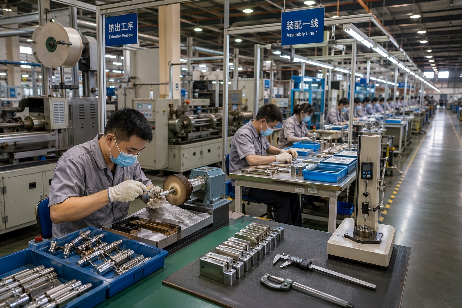 TAKY Hardware factory production floor — glass door hardware assembly and QC