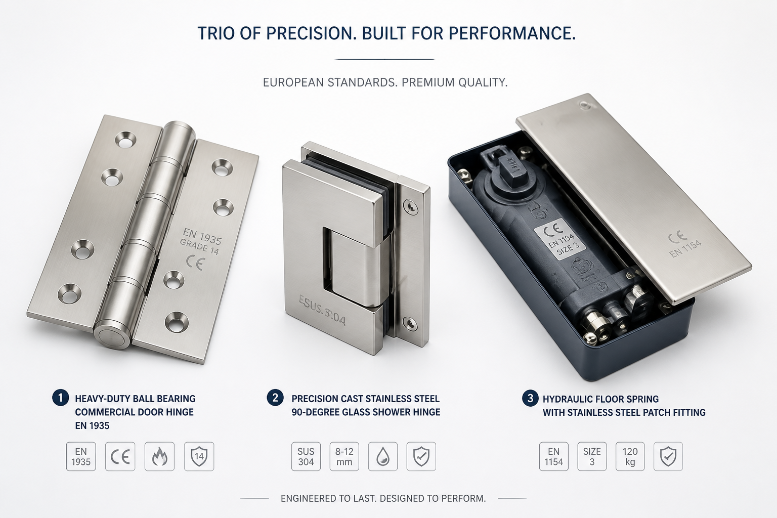 TAKY Hardware Top 3 European architectural hardware products: EN 1935 hinge, glass shower hinge, hydraulic floor spring