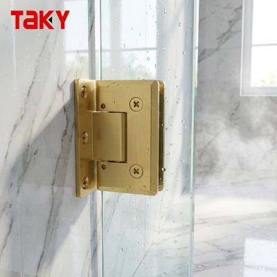 China Heavy Duty Solid Shower Hinge 90 Degree Frameless Glass Door Hinge Luxury Brushed Gold Bathroom Glass Clamp for sale
