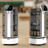 China Intelligent Hotel Delivery Robot 45kg Payload 8h Runtime Autonomous Navigation 24 Inch Screen Food Serving for sale