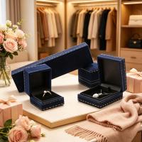 China Navy Blue Paper Texture Luxury Jewelry Case Set Luxury Engagement Ring Box for sale