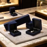 China Navy Blue Paper Texture Luxury Jewelry Case Set Luxury Engagement Ring Box for sale