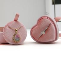 China Hinge Closure Jewelry Box Packaging With Ribbon Pink Heart Velvet For Wedding Ring for sale