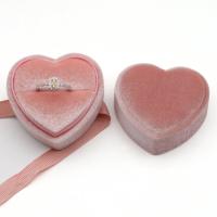 China Hinge Closure Jewelry Box Packaging With Ribbon Pink Heart Velvet For Wedding Ring for sale