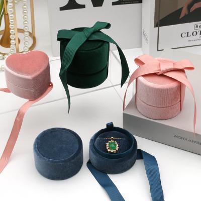 China Hinge Closure Jewelry Box Packaging With Ribbon Pink Heart Velvet For Wedding Ring for sale