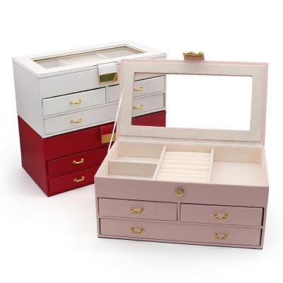 China Luxury PU Leather Jewelry Box Organizer Custom Logo Transparent Cover 265x150x120mm for sale