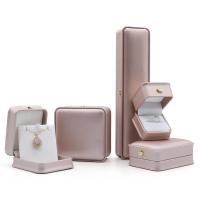 China Pink PU Leatherette Jewelry Case Wedding Ring Box With Velvet Lining Elegant Packaging for sale