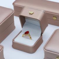 China Pink PU Leatherette Jewelry Case Wedding Ring Box With Velvet Lining Elegant Packaging for sale