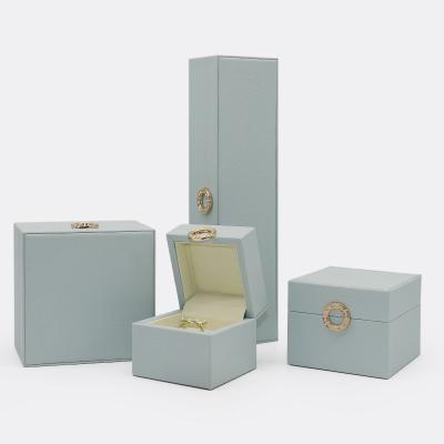 China Custom High End PU Leather Jewelry Box Sky Blue Ring Pendant Bracelet Packaging Box for sale