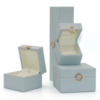 China Custom High End PU Leather Jewelry Box Sky Blue Ring Pendant Bracelet Packaging Box for sale