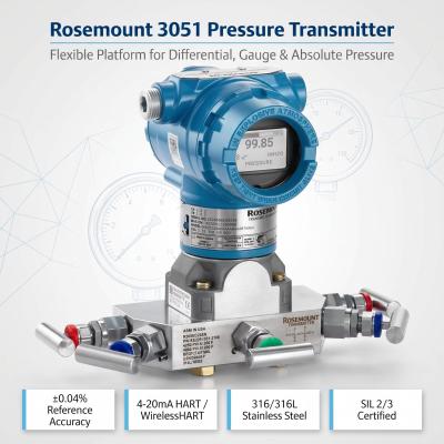 China Rose-mount 3051 Smart Pressure Transmitter with 316L Stainless Steel 4-20 mA DC / HART and ±0.04% of Span Accuracy for sale