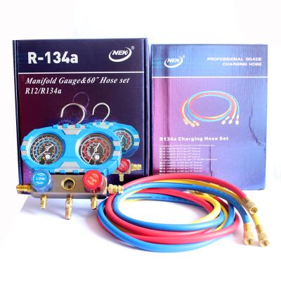 China POKKA NEK AC Manifold Gauge Set Refrigerant Charging Tool Auto R12 R-134a Charging Hose Set Manifold Gauge for sale