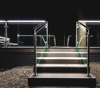 China LED Light Design Laminated Glass Balustrade With Powder Coated Handrails for sale