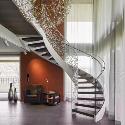 China White Metal Modern Curved Staircase Rought Iron Railing Wood Tread Design for sale