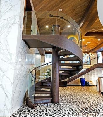 China Custom Modern Spiral Staircase Steel Structure Wood Steps Glass Railing 1200mm Diameter for sale