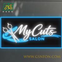 China MY CUTS Beauty Salon Neon Light Sign With Black Backing Custom LED Wall Decor for sale