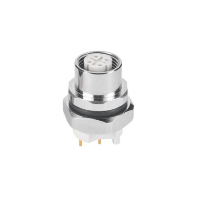 China Profinet D Code 4 Pin Female M12 Panel Mount Receptacle With Pcb Contacts Rear Side Fastening With Ground Shielding for sale