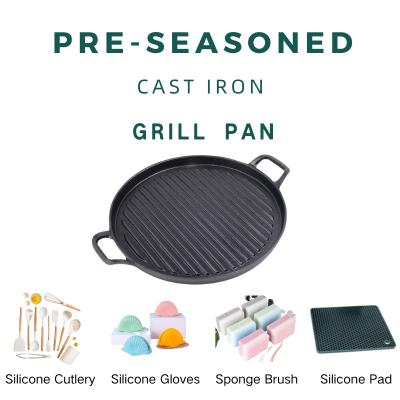 China Pre Seasoned Cast Iron Round Griddle Pan 28cm BBQ Frying Pan with Ridge for Induction Stove for sale