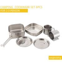 China 6 Piece Stainless Steel Camping Cook Set 15cm Pot Frying Pan for Outdoor Hiking Picnic for sale