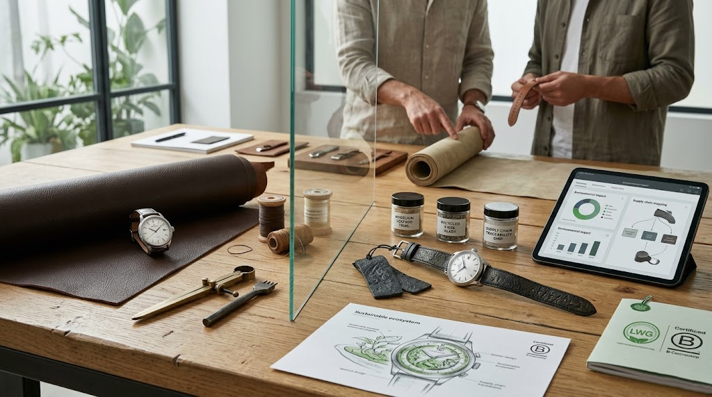 A professional look into a modern watch strap development studio where luxury meets sustainability. The image highlights a fine mechanical dress watch on a dark leather strap, design calipers, a tablet mapping out supply chain traceabilities, and official LWG (Leather Working Group) compliance documentation on a clean wooden workbench.