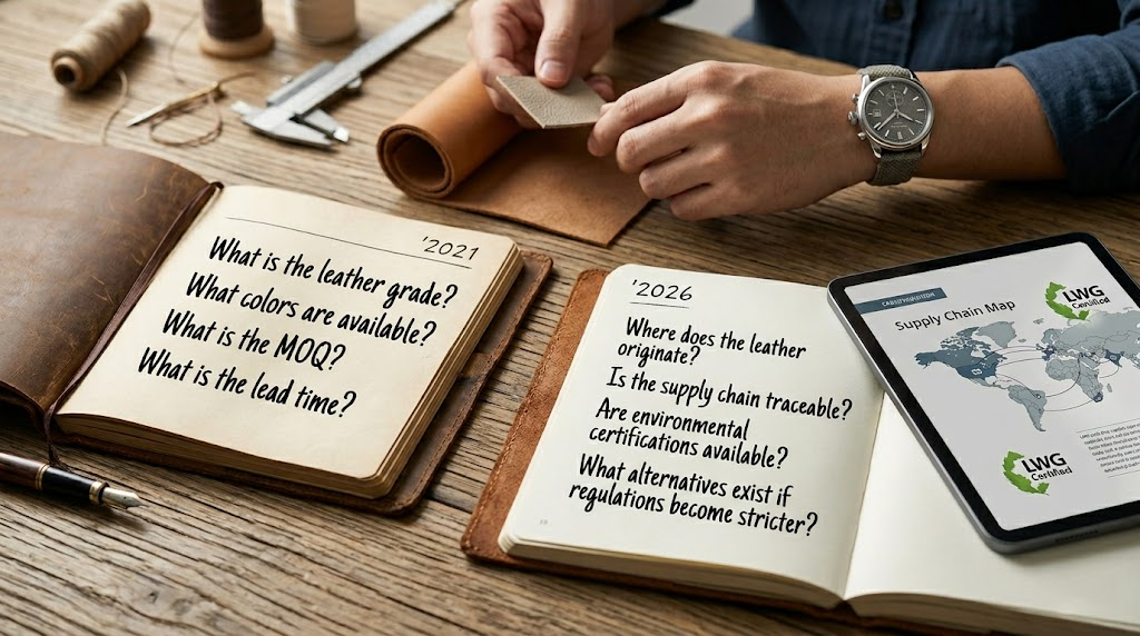 An editorial close-up illustrates the shift in procurement priorities for watch accessories. Leather samples, design calipers, and a classic watch surround two notebooks contrasting traditional business inquiries (MOQ, color, price) with modern, sustainability-driven questions about origin tracking, regulatory compliance, and LWG (Leather Working Group) supply chain mapping displayed on a digital tablet.