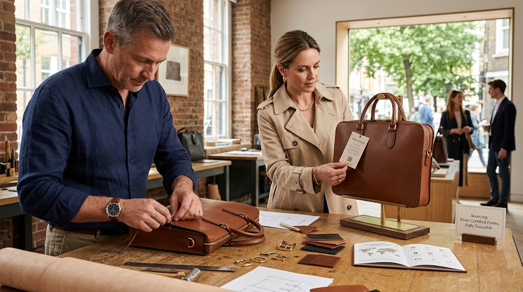 A luxury retail setting where consumers examine premium leather craftsmanship while reviewing sourcing tags. The scene emphasizes transparent B2B sourcing practices, showcasing leather items paired with explicit origin information, quality standards, and digital QR codes for complete supply chain verification.