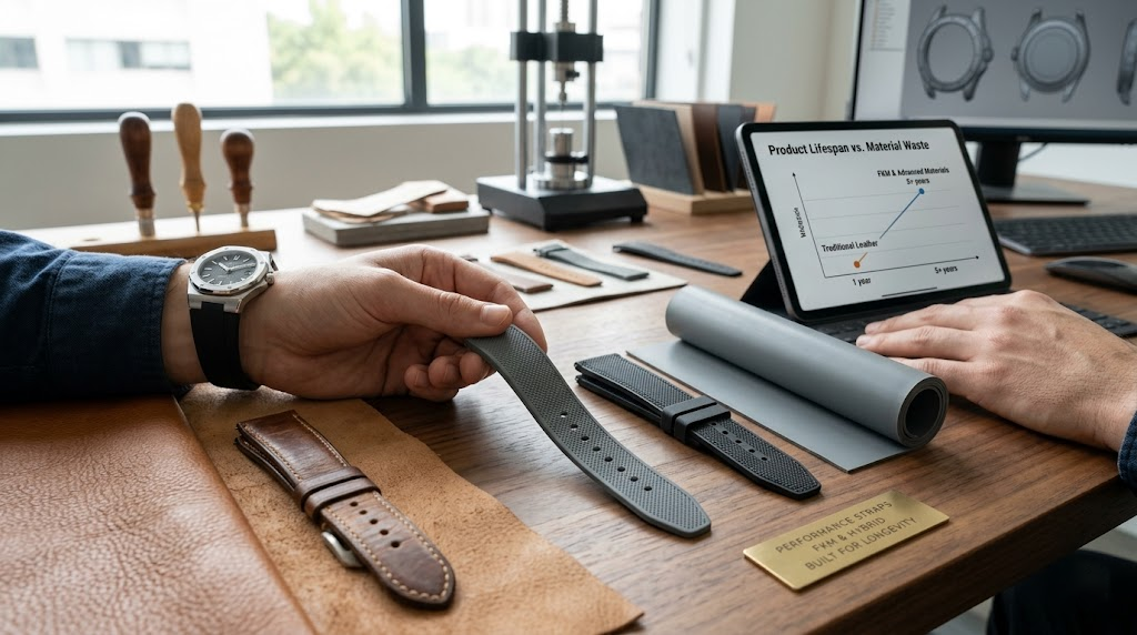 A watch strap manufacturer analyzing high-performance FKM rubber watch bands alongside traditional leather straps next to a digital product lifespan comparison chart. Description: A manufacturing overview focusing on technical watch band design. A designer evaluates a modern, textured gray FKM fluororubber strap next to a classic brown calfskin strap, with a background tablet illustrating how material longevity directly reduces long-term product waste.