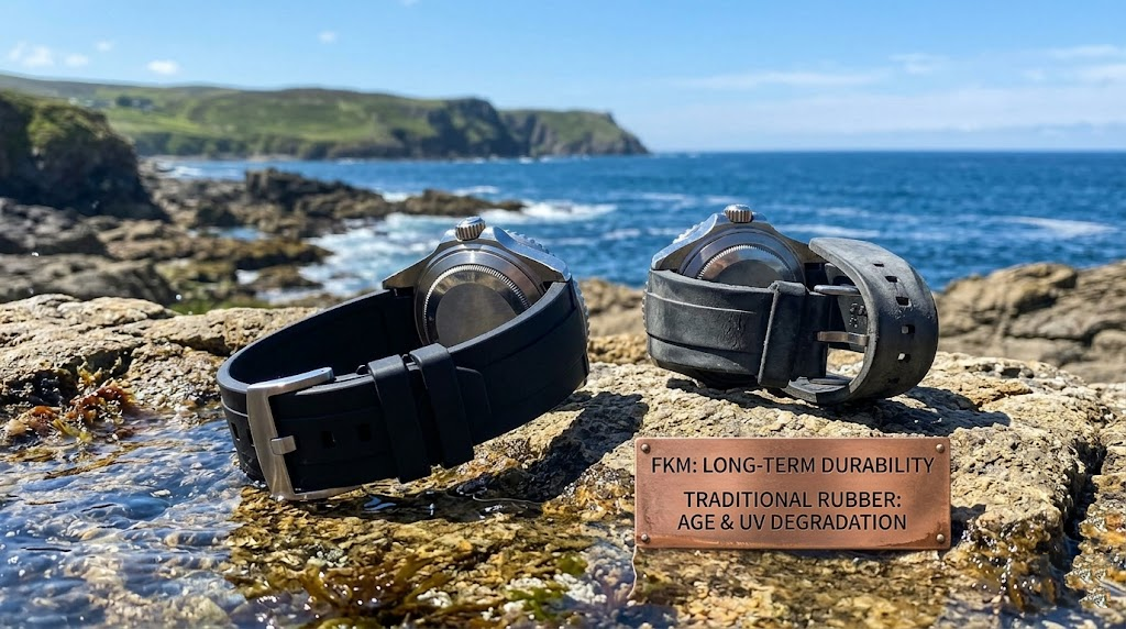 A real-world durability test demonstrating the extreme weather and UV resistance of FKM rubber watch straps. Positioned on a rocky ocean shore, a premium dive watch equipped with a long-lasting FKM band stands next to an older, cracked traditional rubber strap, highlighting engineering built for longevity.