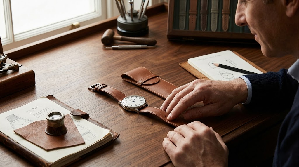 A celebration of traditional craftsmanship showing a watchmaker adjusting a premium full-grain calfskin leather strap on a timeless silver dress watch. The workbench features hand tools, leather sketches, and a magnifying loupe, capturing the emotional and tactile appeal of heritage watch accessories.