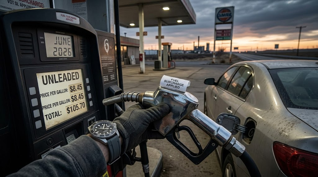 Refueling car at gas pump with a modern luxury watch on the wrist.