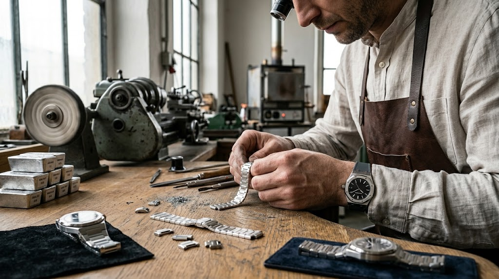 Craftsman assembling a metal link watch bracelet by hand in a traditional metallurgy workshop.