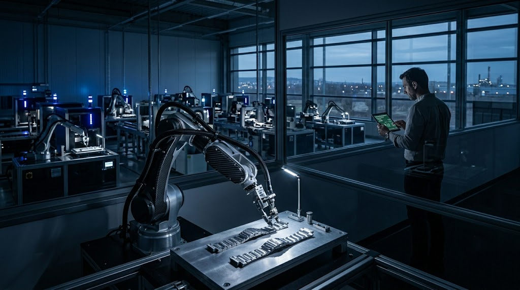 Automated lights-out manufacturing facility with robotic arms producing metal watch parts.
