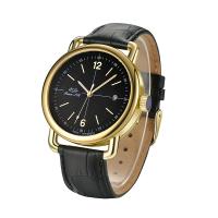 China Elegant Black Quartz Watch With Genuine Leather Strap for sale