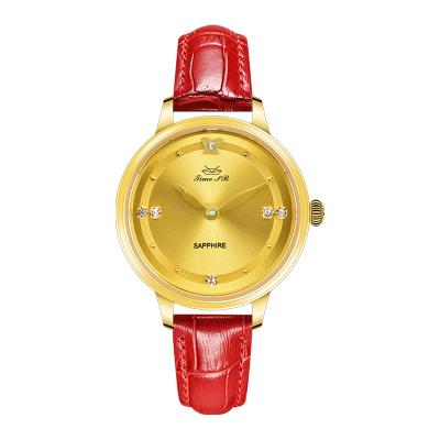 China Elegant Minimalist Gold Quartz Watch-Red Genuine Leather Strap for sale