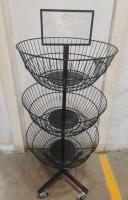 China Round Black 3 Tier Wire Basket Stand Retail Basket Display Racks With Casters Antirust for sale