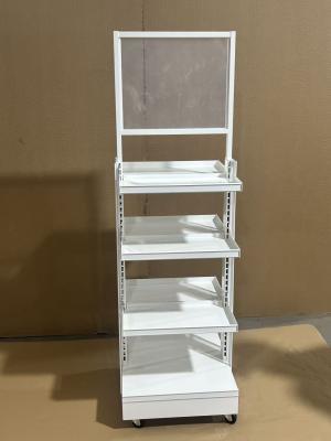 China Adjustable 3 Shelf Double Sided Display Stand with Wheels & Side Top Signage Area for sale