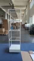 China Tower Tall Single Glass Display Shelf - 4-Tier Open Style with Wheels for Indoor Use for sale