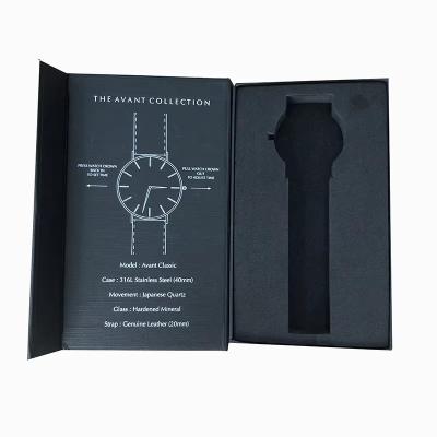 China Custom logo Luxury Black Cardboard Smart Watch Magnetic Gift Packaging Box Single Watch with Foam Lining for sale