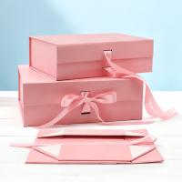 China Custom Logo Quality Ribbon Folding Box Pink Black Rectangle Shape Magnetic Art Paper Packaging for Matt Lamination Embossing for sale